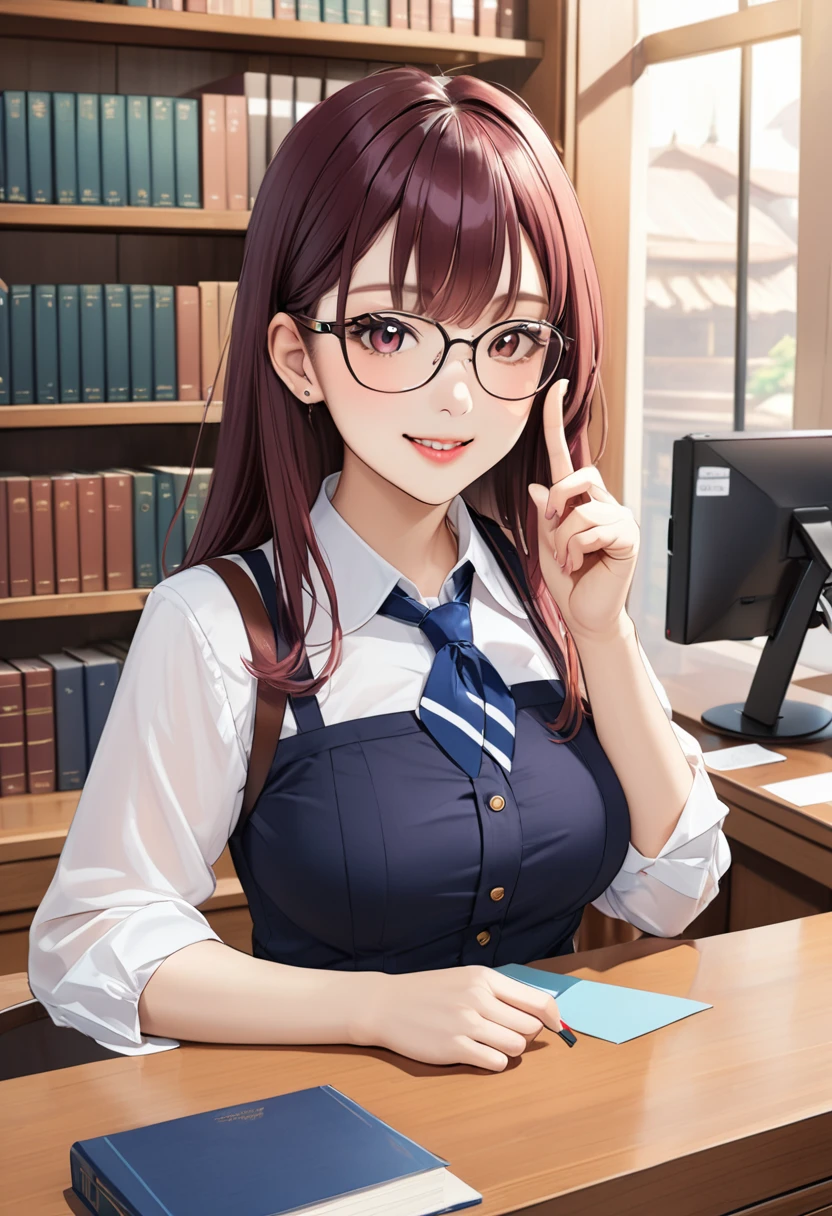 A female librarian in a library, Working at the reception counter ...