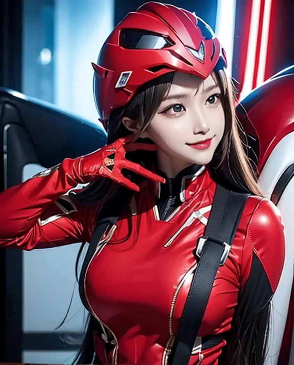 A woman smile, red ranger suit, as she power rangers red, leader from ...