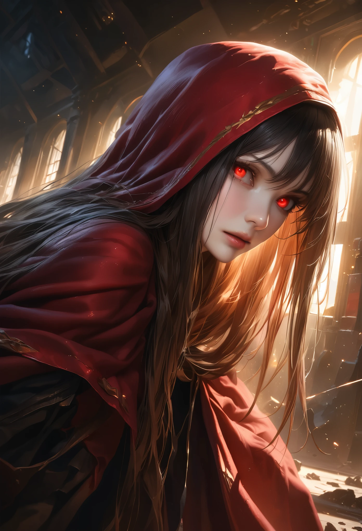 A woman in a red cloak and hoodie standing in a dark room - SeaArt AI