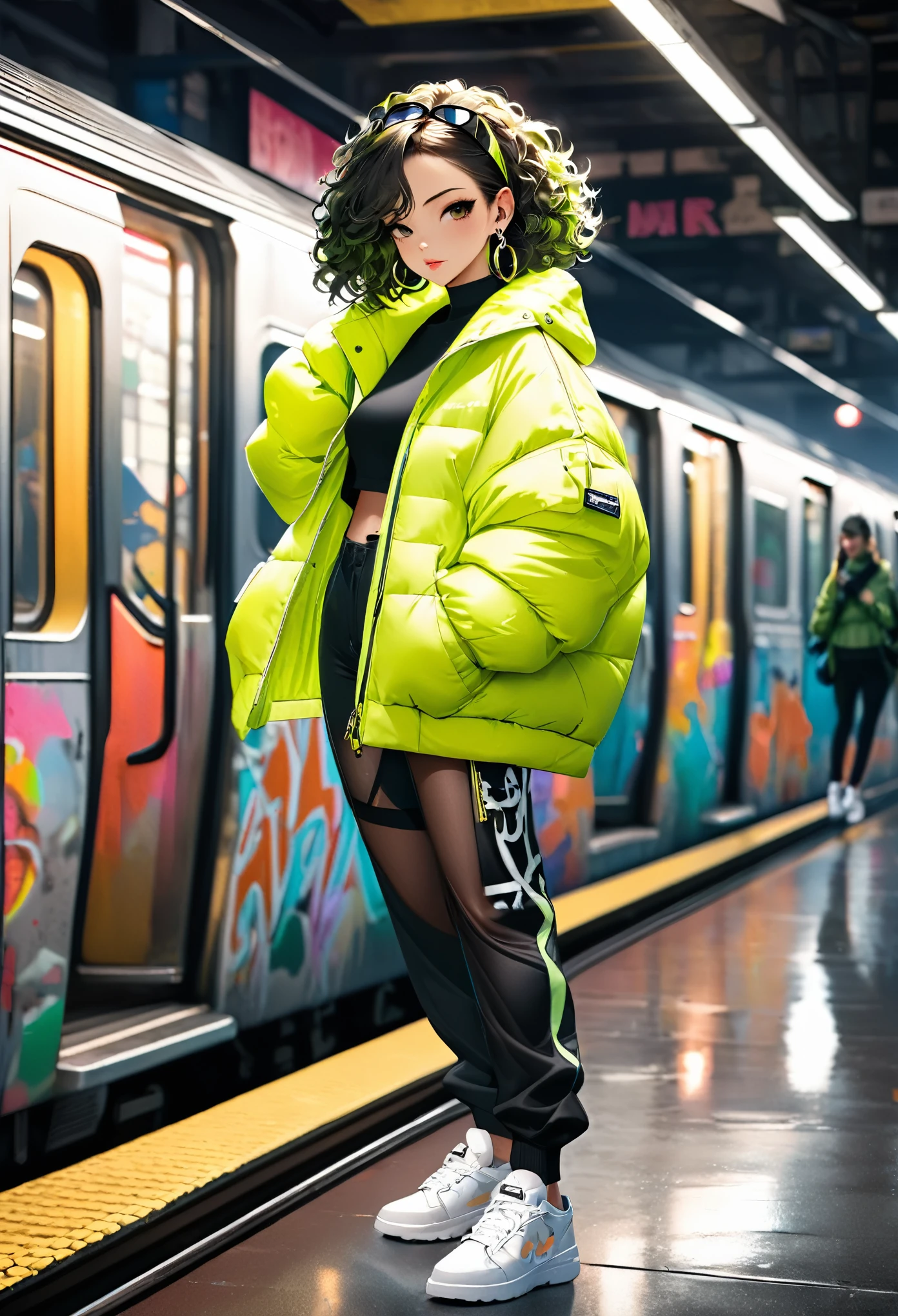 Araffe wearing a neon green puffer jacket and black pants - SeaArt AI