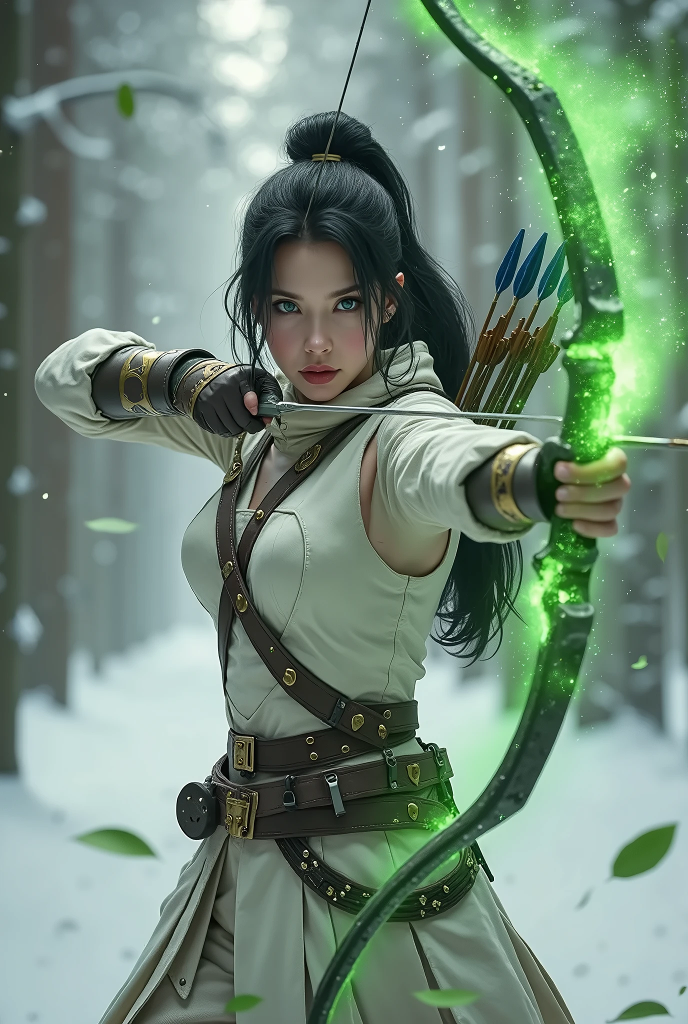 Arafed woman in a white dress holding a green bow and arrow - SeaArt AI