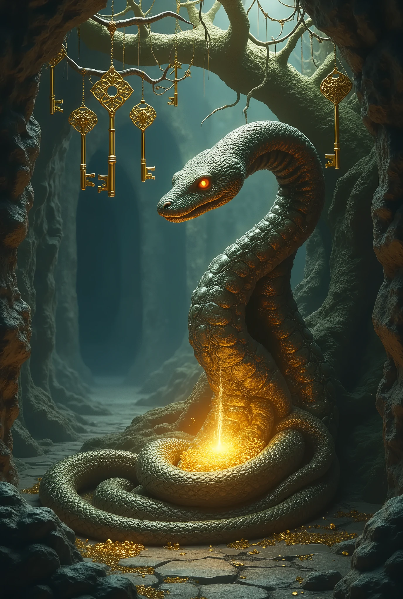 There is a snake that is sitting in a cave with keys - SeaArt AI
