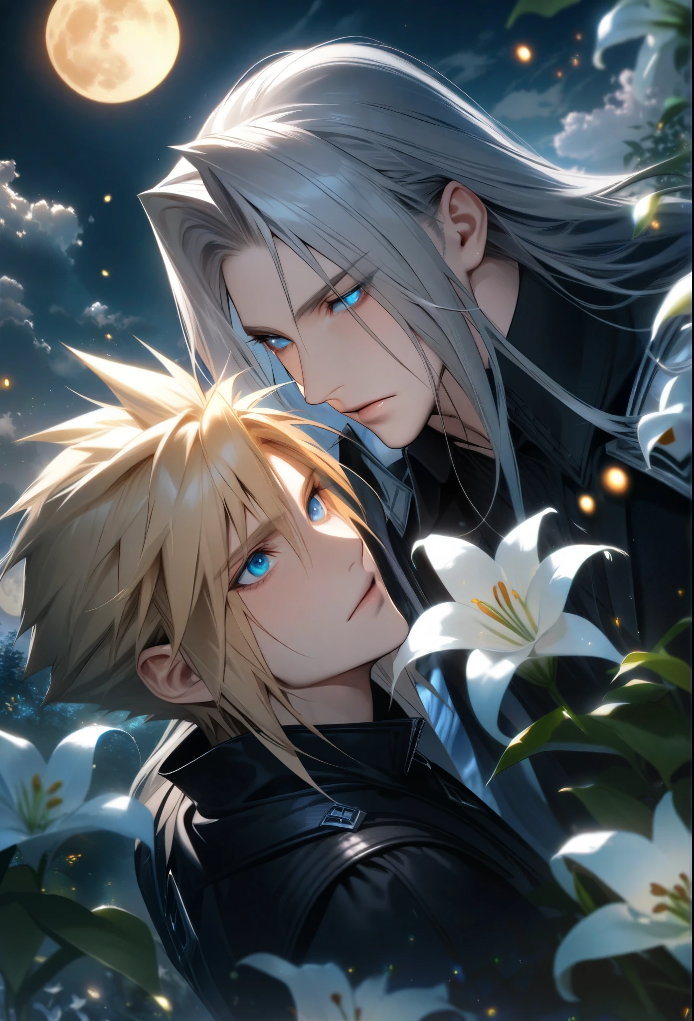 Two anime characters are hugging in the moonlight with flowers（cloud ...