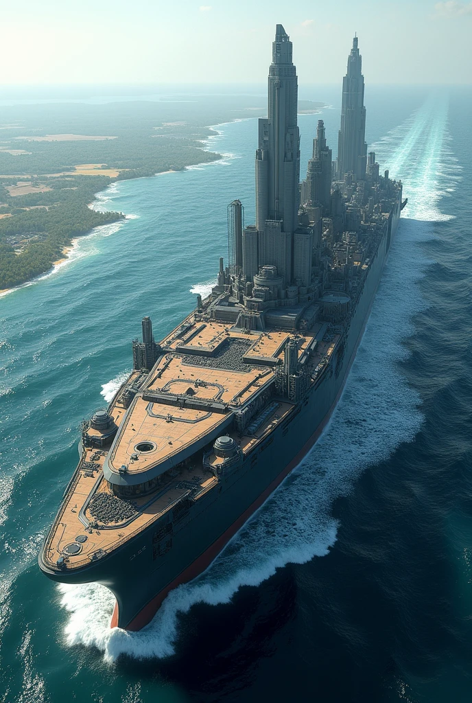On the Pacific Ocean、Super huge ship、On the ship there is a city lined ...