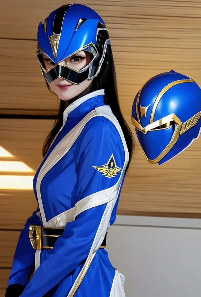A woman smile, blue ranger suit, as she power rangers blue, leader from ...