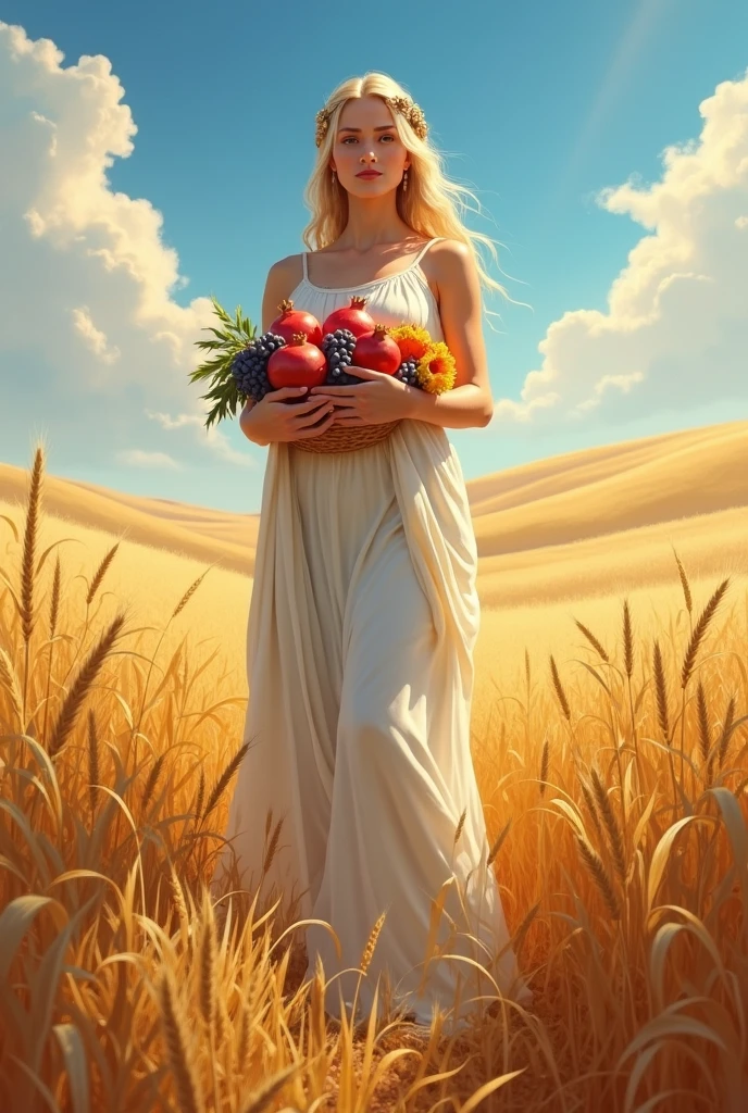 Goddess Demeter standing in a wheat field and she holding bunches of ...