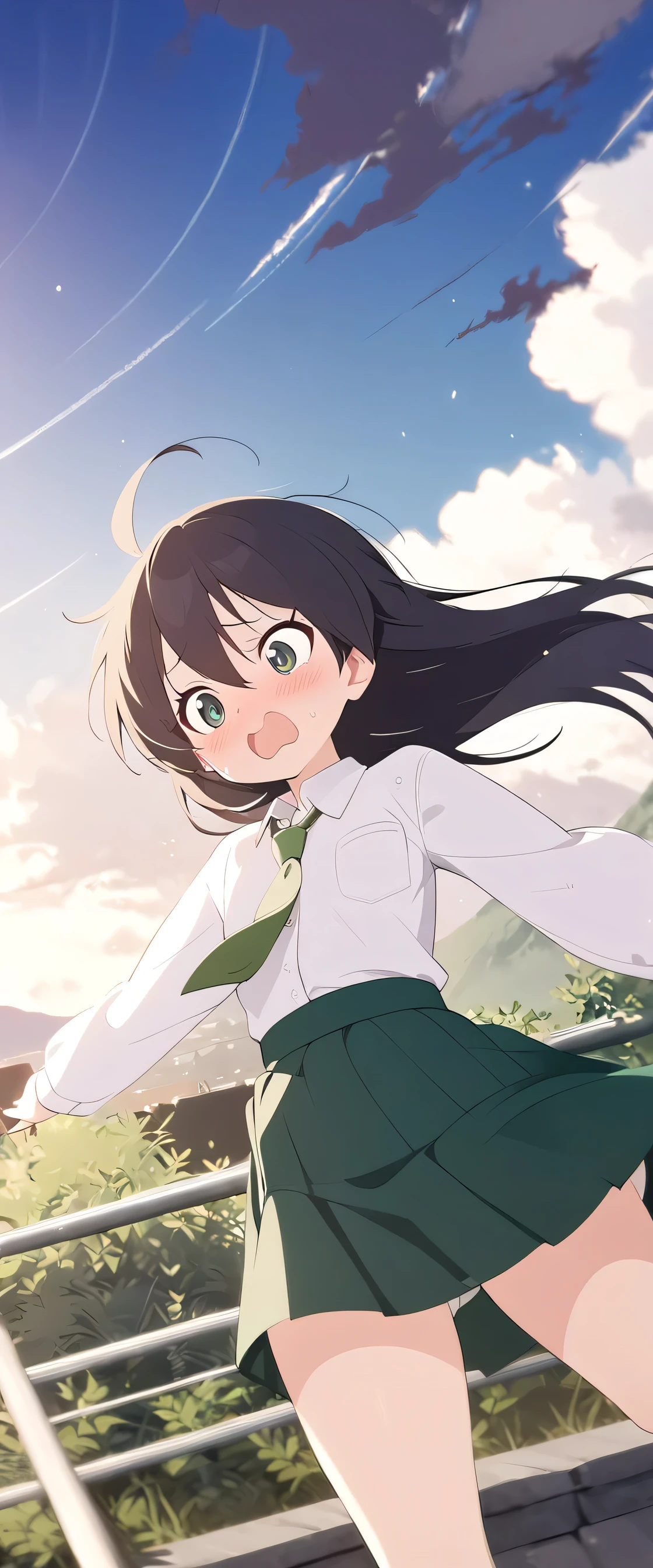 Anime girl in a school uniform running on a bridge - SeaArt AI