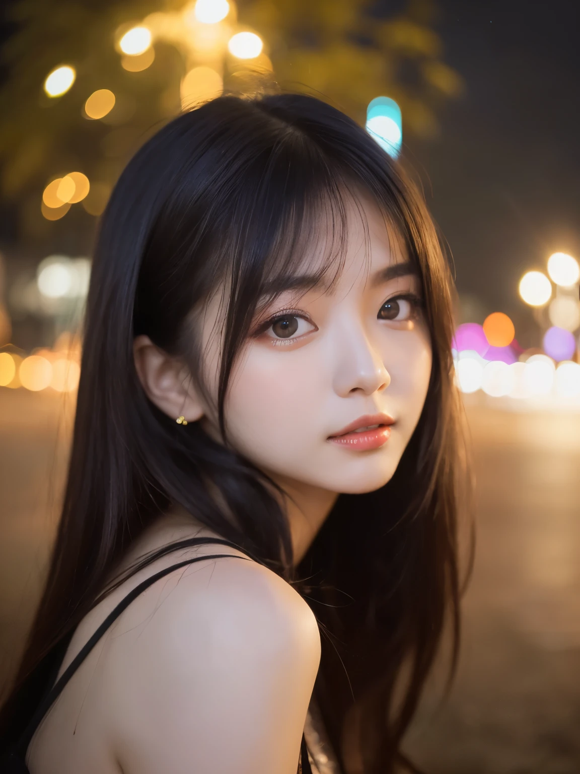 A close up of a woman with long hair and a black dress - SeaArt AI