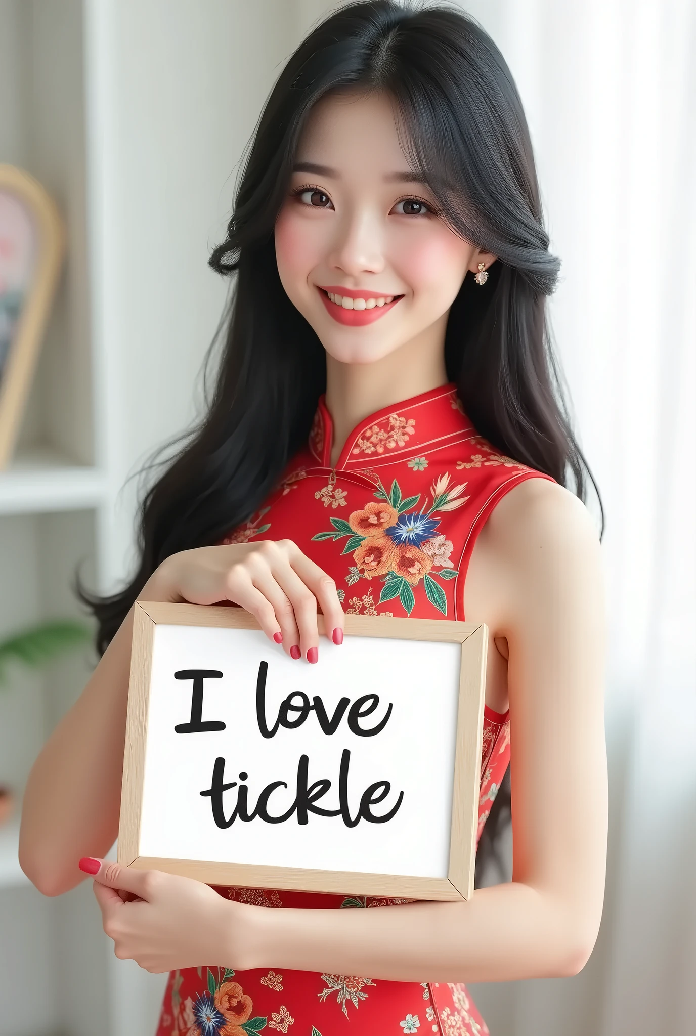 Araffe woman in a red dress holding a sign that says i love tickle ...