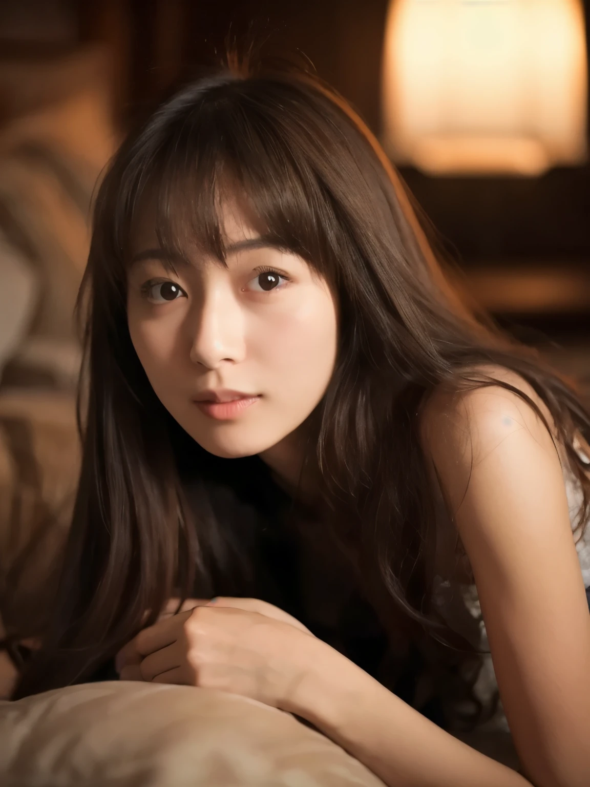 Arafed asian woman laying on a bed with a pillow - SeaArt AI