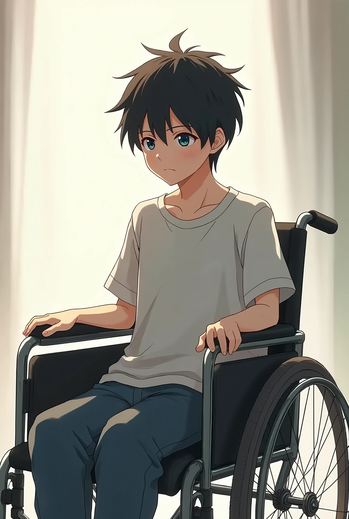 Anime boy in a wheelchair with a white shirt and blue pants - SeaArt AI