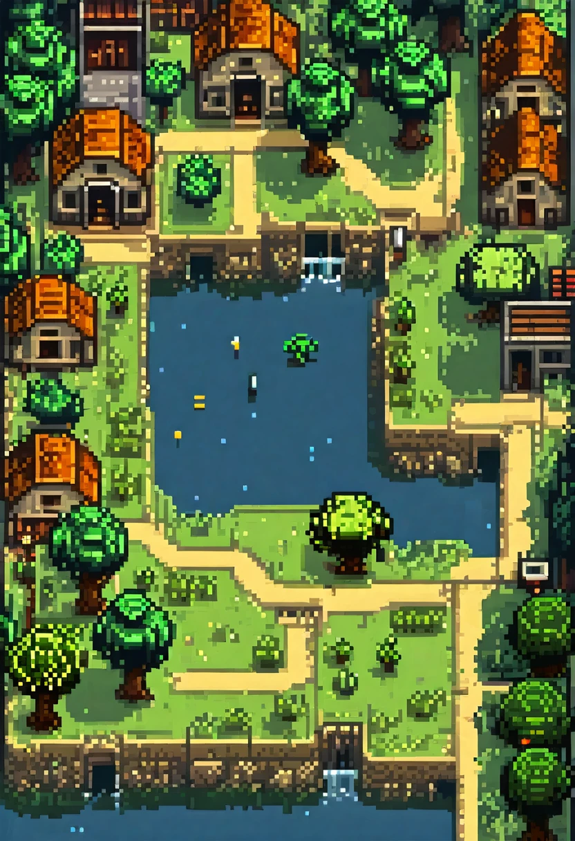 Pixel art style scenario of a map in 16-bit format, with green trees ...