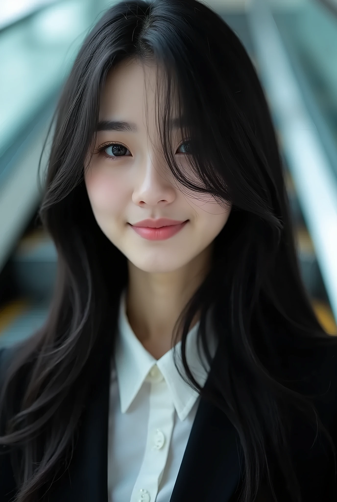 Arafed woman with long black hair and a white shirt - SeaArt AI