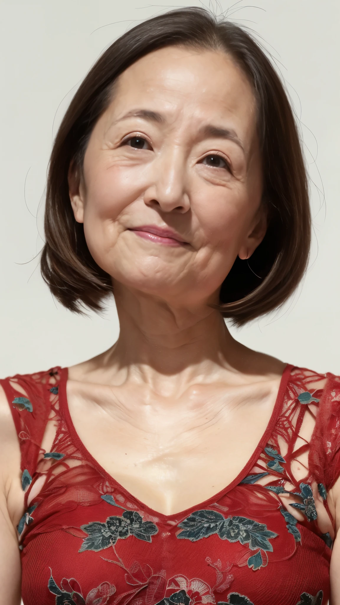 A close up of a woman with a red top and a white background - SeaArt AI