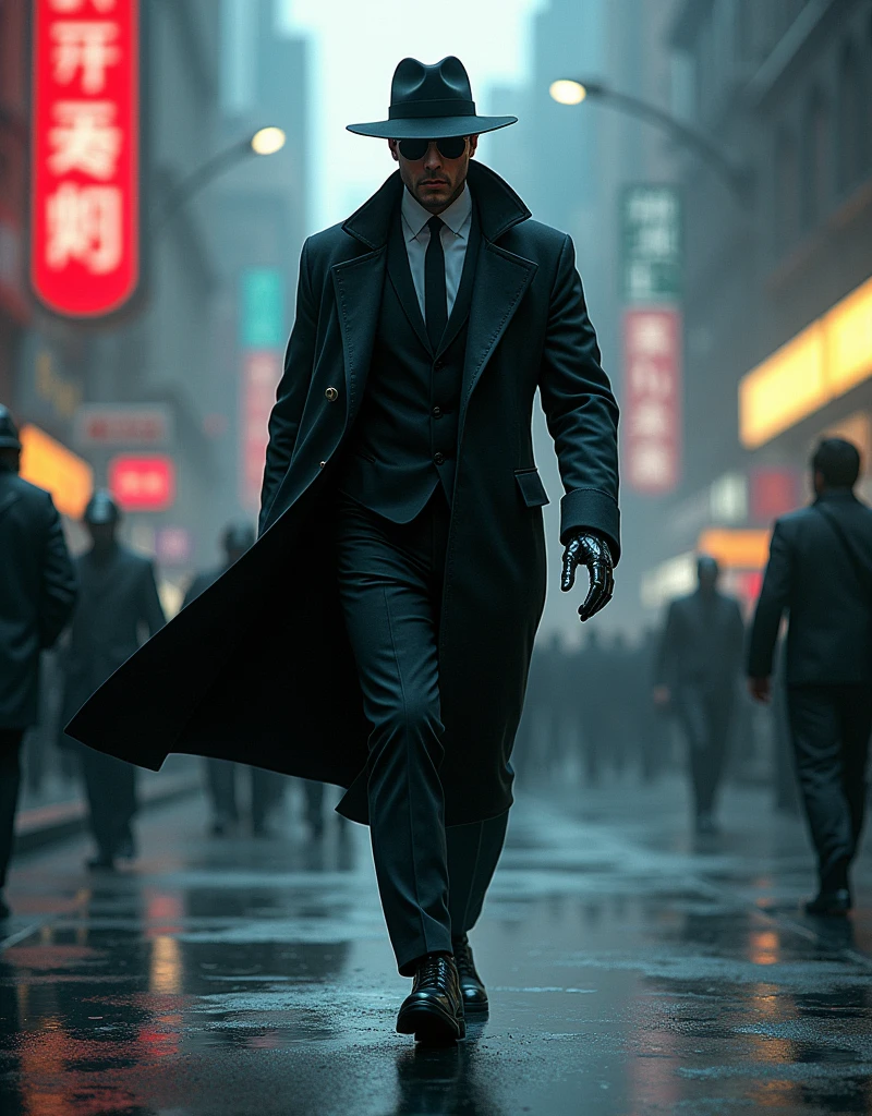 This robot detective, wearing a suit and hat, has metallic skin and is ...