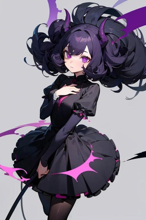 with curly purple black hair, black dress, demon shapeshifter - SeaArt AI