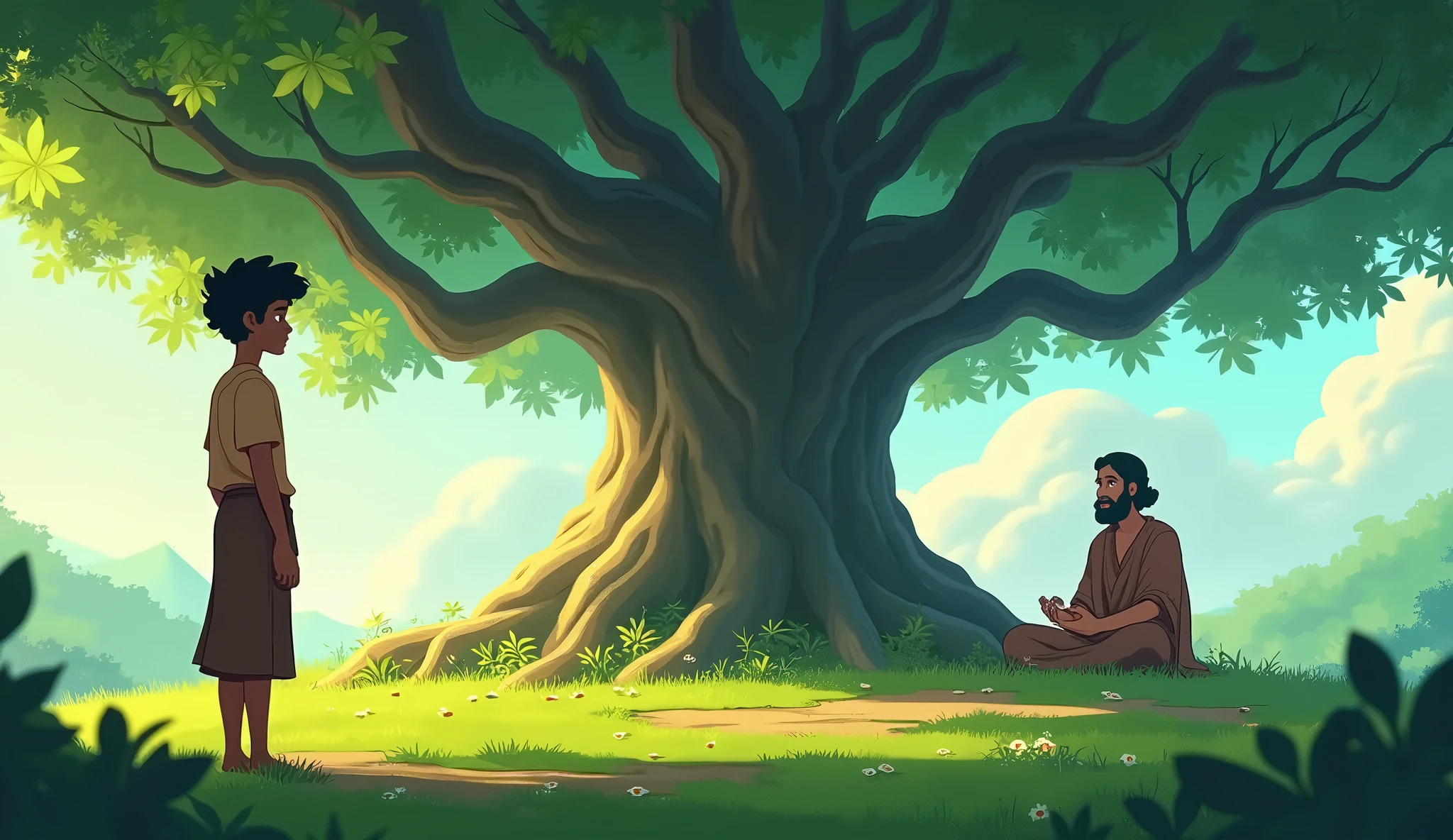 Cartoon of a man and a woman sitting under a tree - SeaArt AI