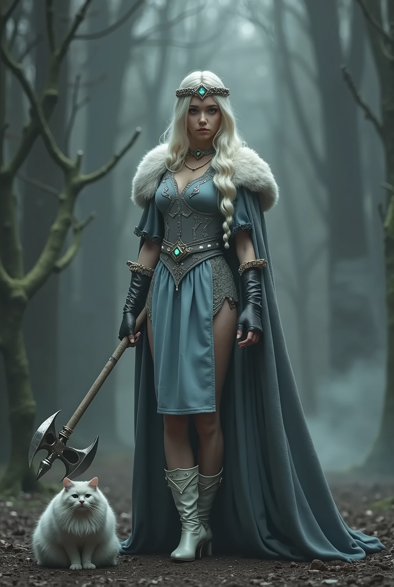 Arafed woman in a blue dress and a white cat in a forest - SeaArt AI