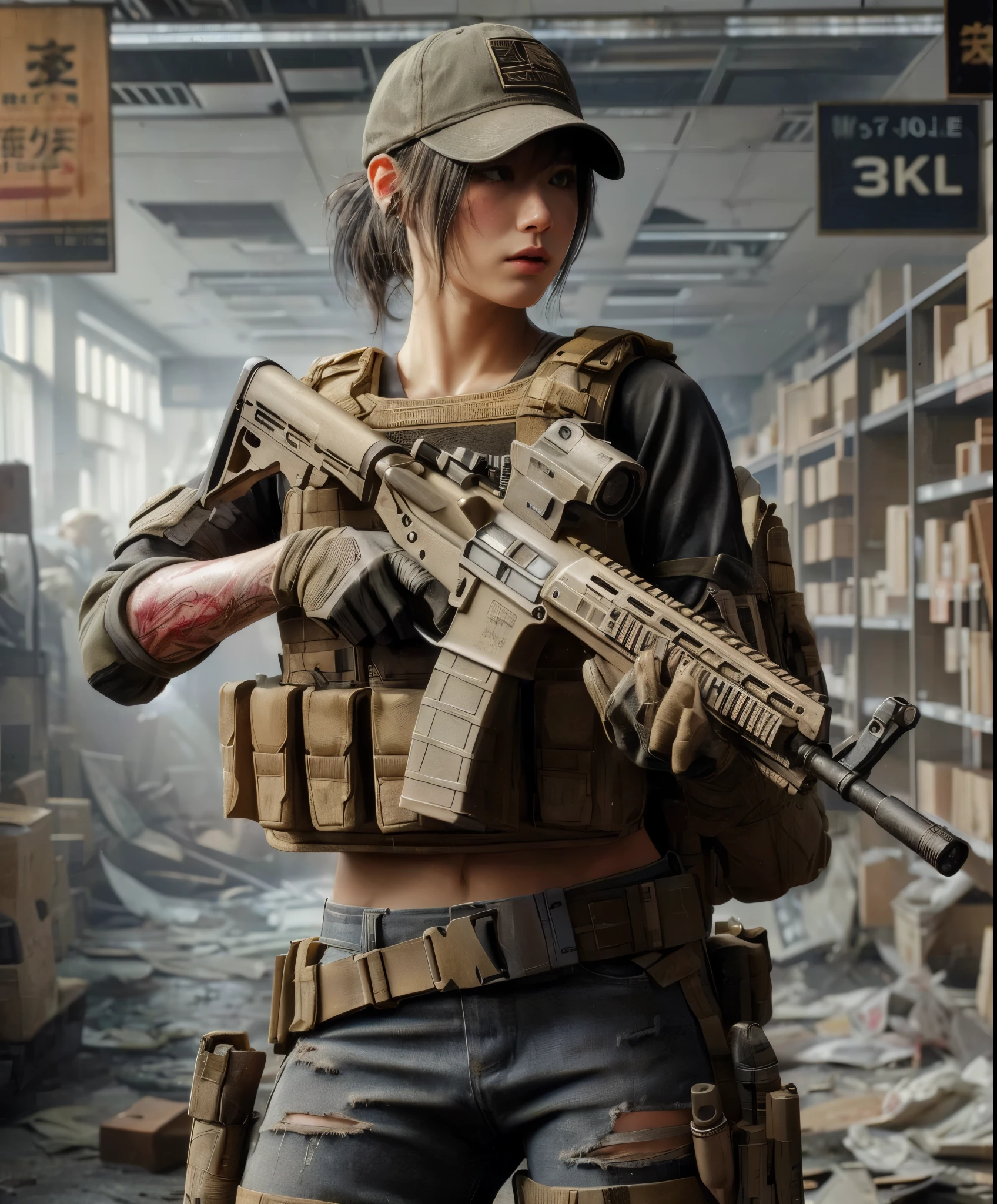 A close up of a person holding a rifle in a warehouse - SeaArt AI