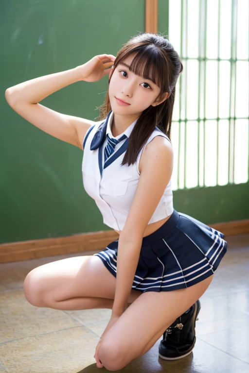High School Girl Sleeveless Mini Skirt Armpit Visible Pose With Legs