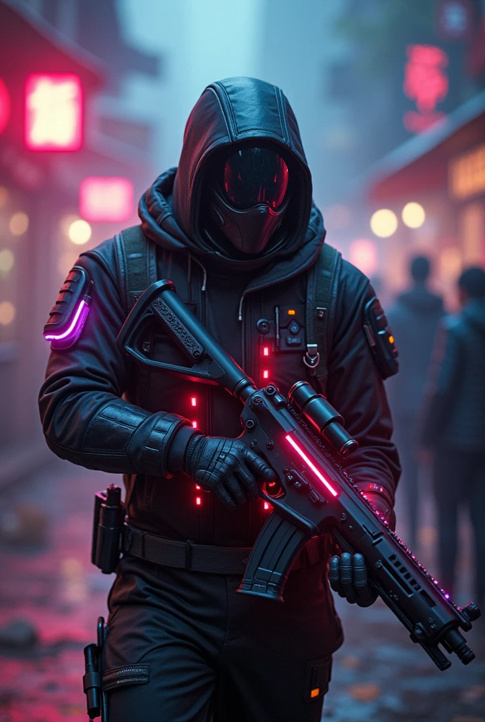 A cyber mercenary in a high-tech combat suit with pulsating LEDs ...