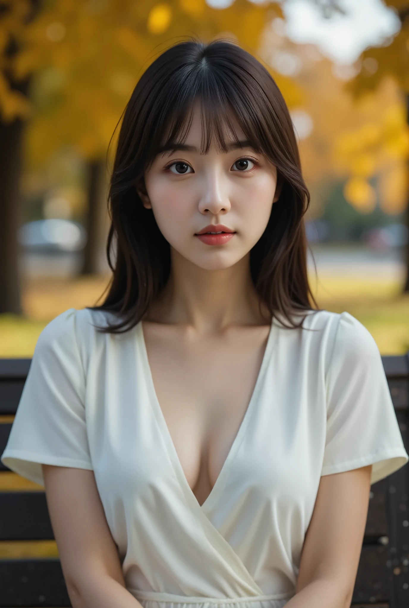 Araffe woman sitting on a bench in a park with a white dress - SeaArt AI