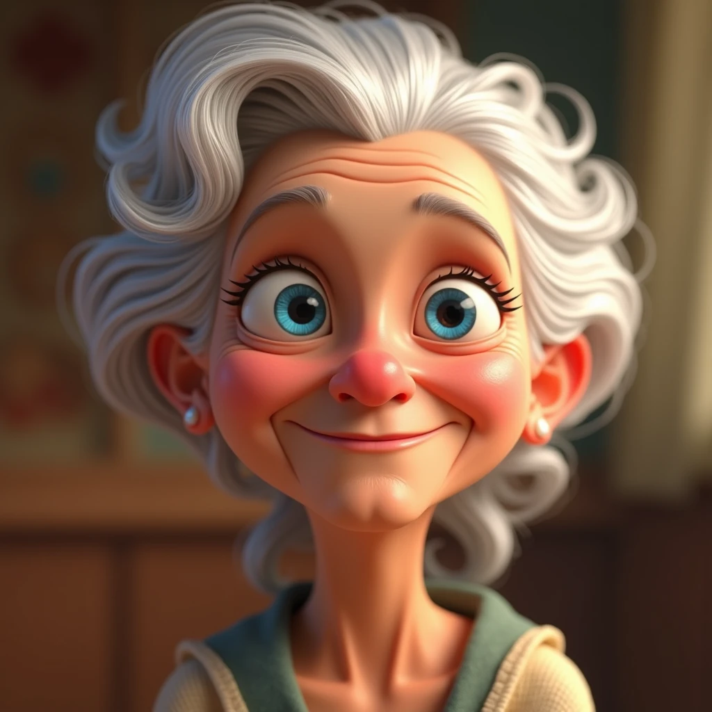 Generate a Disney-Pixar style portrait of an older 89yo woman with blue ...