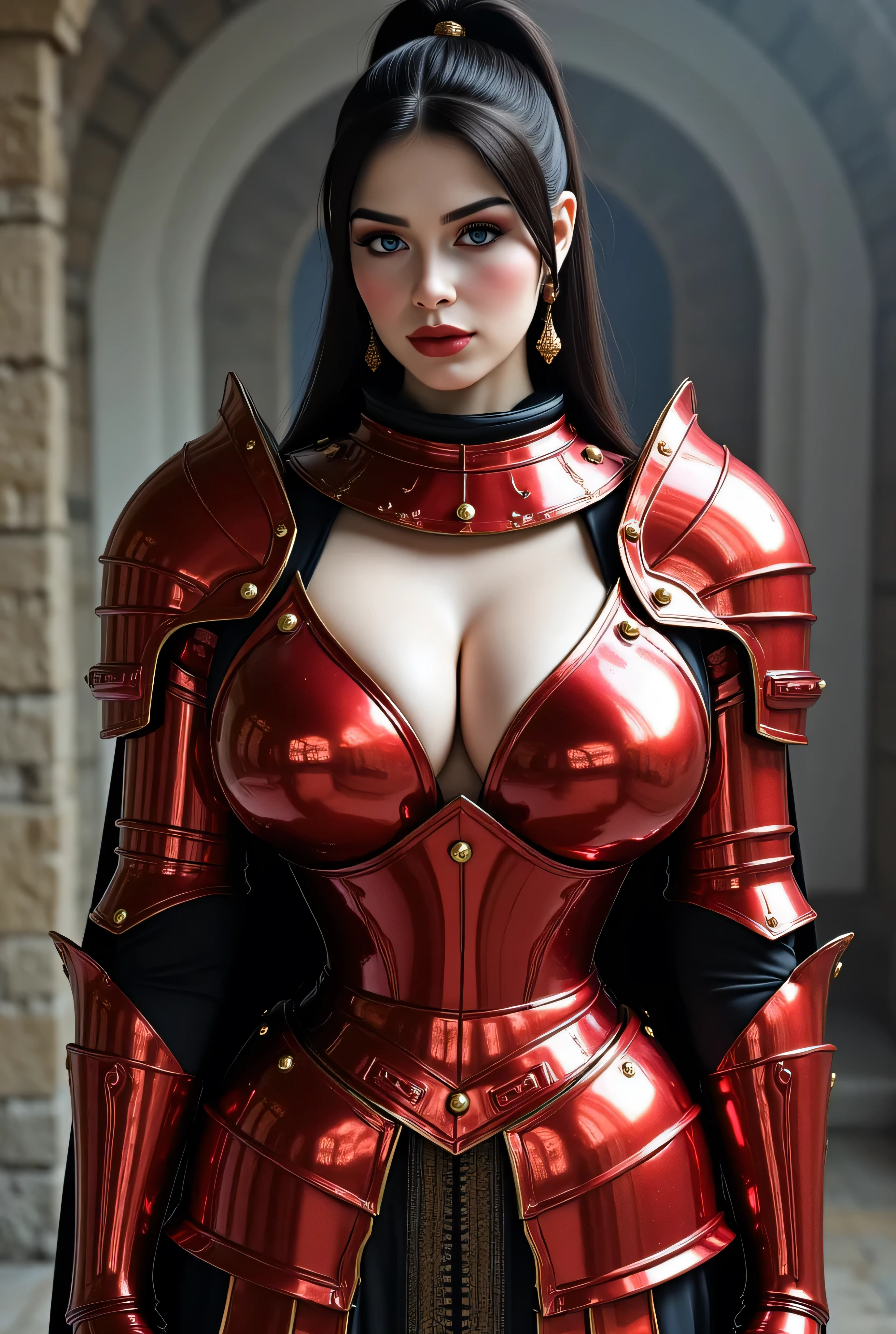 A close up of a woman in a red armor outfit - SeaArt AI