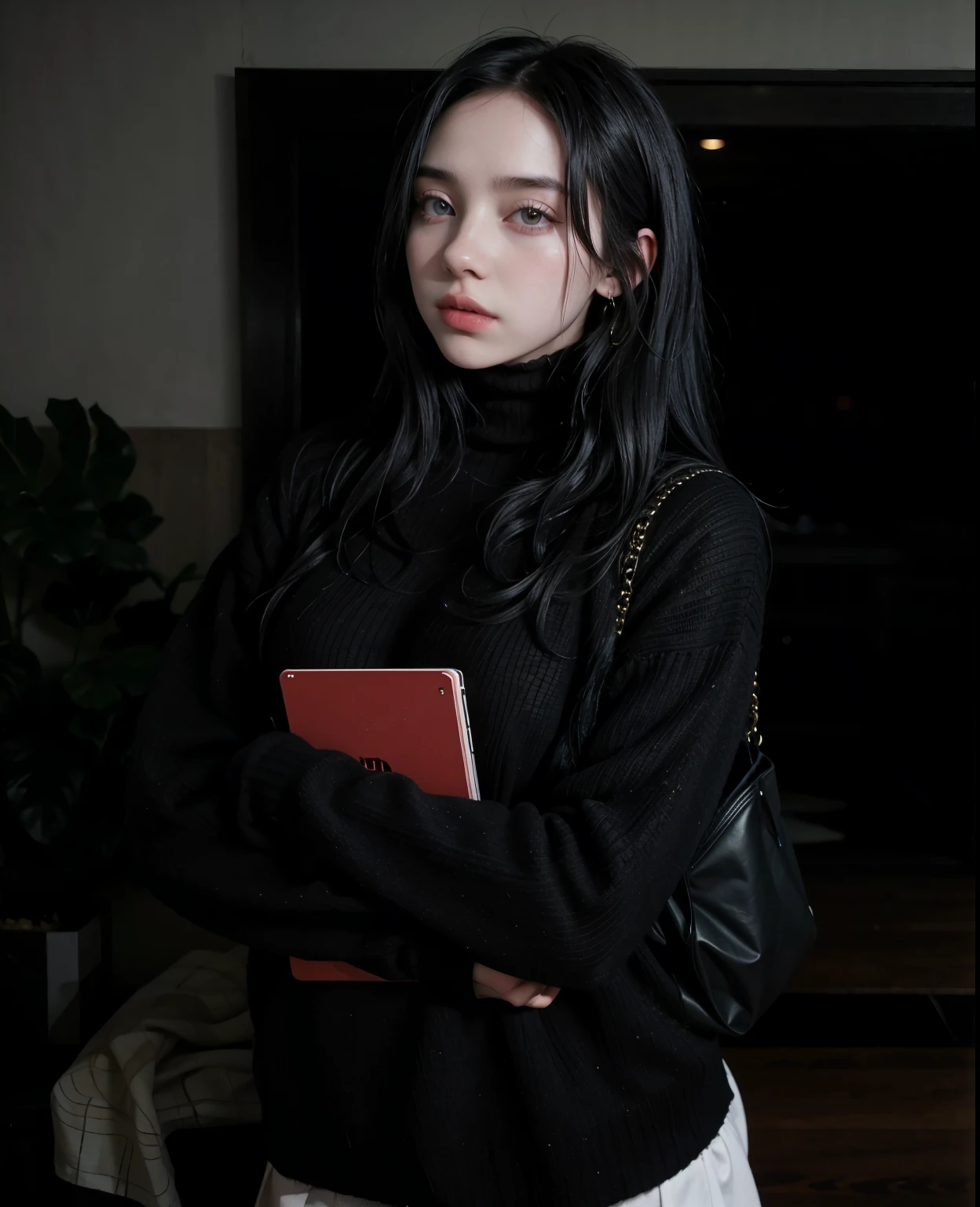 Arafed woman in black sweater holding a red book - SeaArt AI