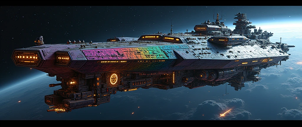 An full image of a long wide giant heavily armored futuristic flying ...
