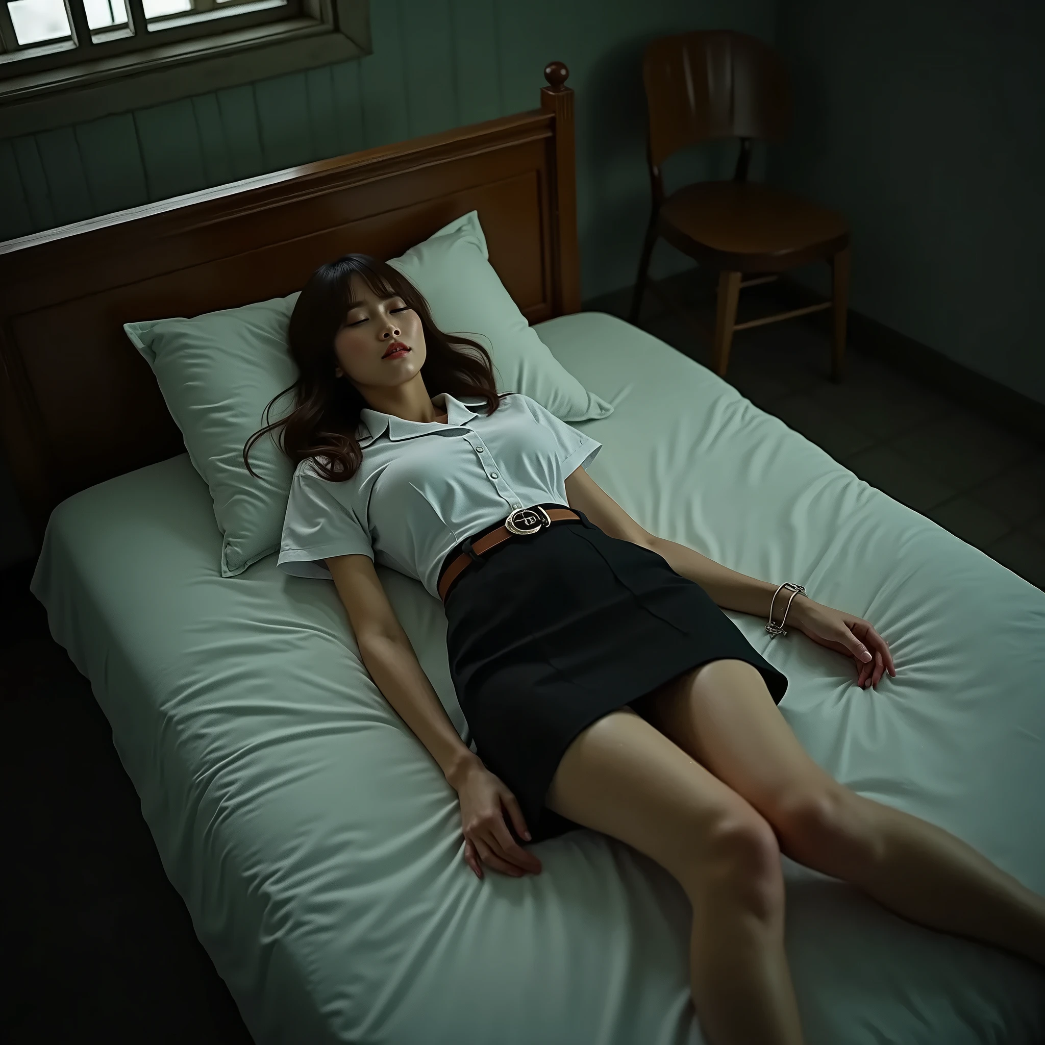 Woman laying on a bed with a white shirt and black skirt - SeaArt AI