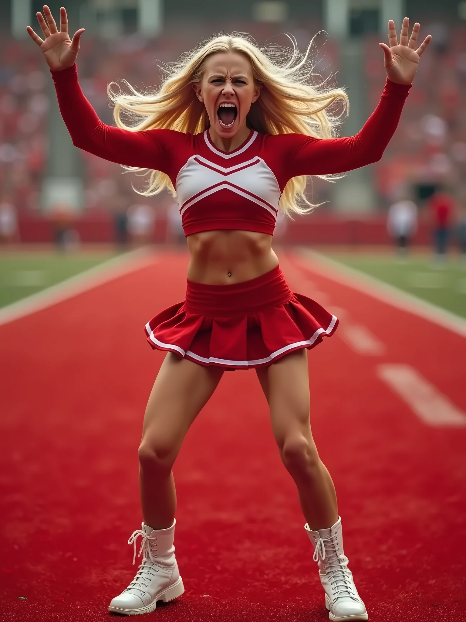 Arafed cheerleader in red and white uniform on a football field - SeaArt AI