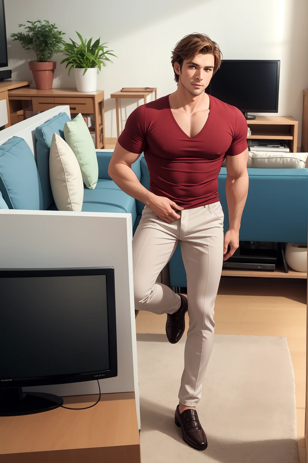 Solo handsome men , living room ,tv - SeaArt AI