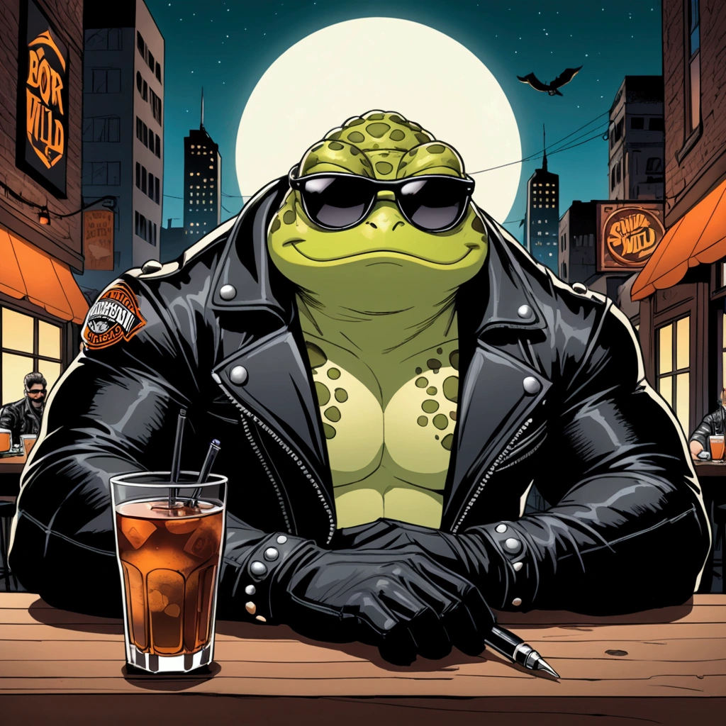 Cartoon of an extremely badass buff, muscular green toad wearing an ...