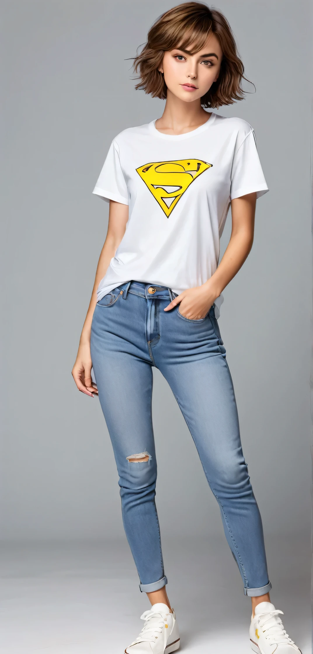 A woman in a white shirt and jeans posing for a picture - SeaArt AI