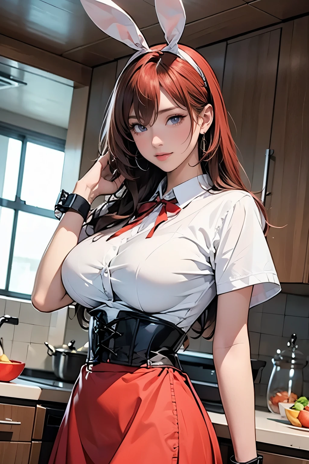 Anime girl in bunny ears and red skirt posing in kitchen - SeaArt AI