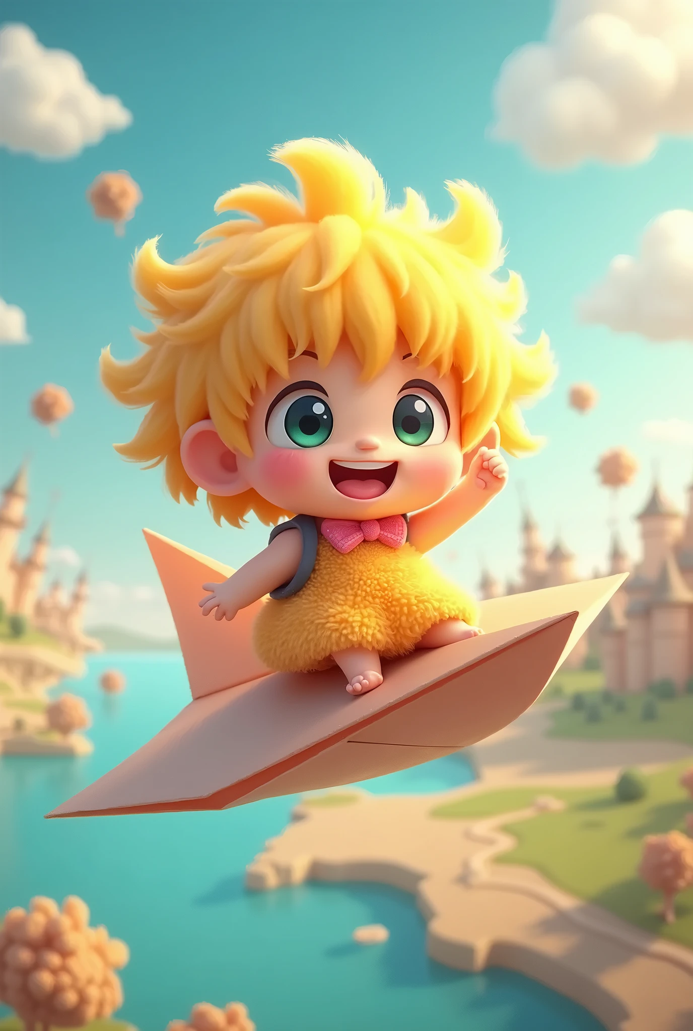 Cartoon girl flying on paper boat in front of castle - SeaArt AI