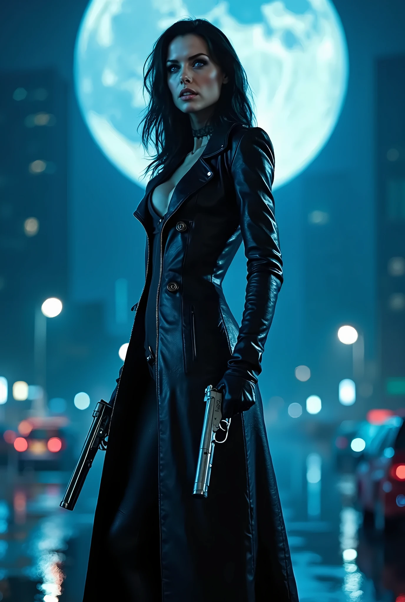 Arafed woman in a black leather coat holding a gun - SeaArt AI