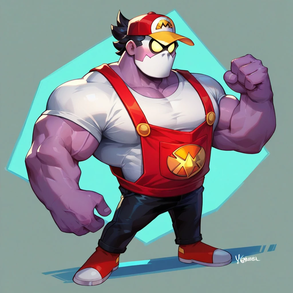 Full body view, a muscular zombie superhero, purple skin, yelow eyes ...