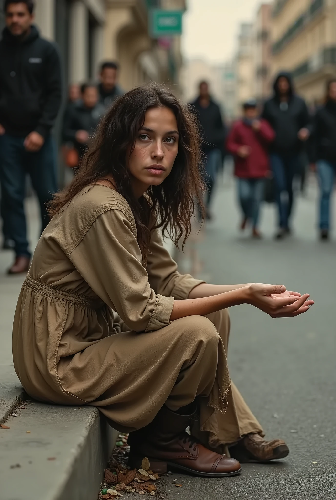 Arafed woman sitting on the curb of a city street - SeaArt AI