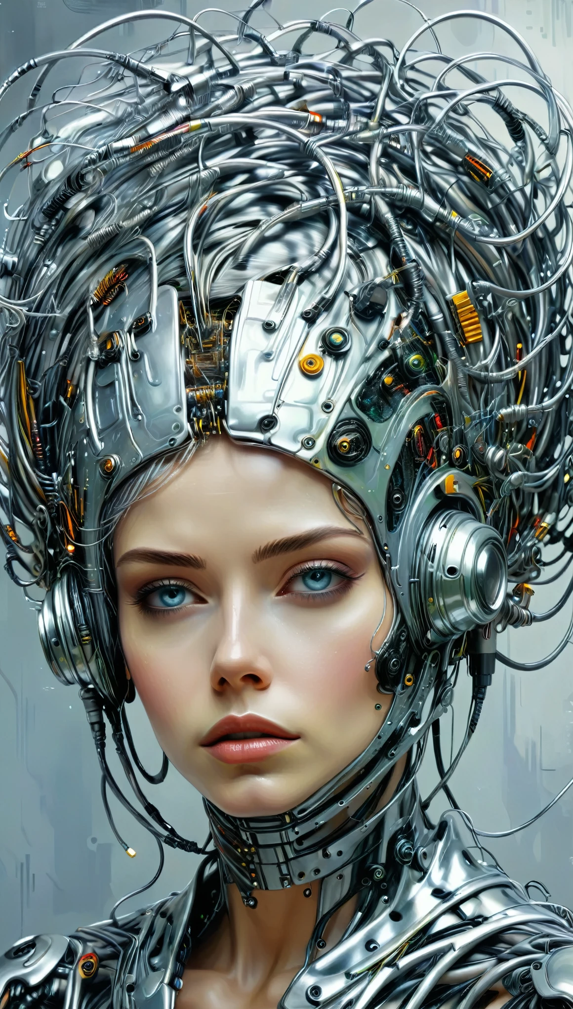 A close up of a woman with a head of wires on her head - SeaArt AI