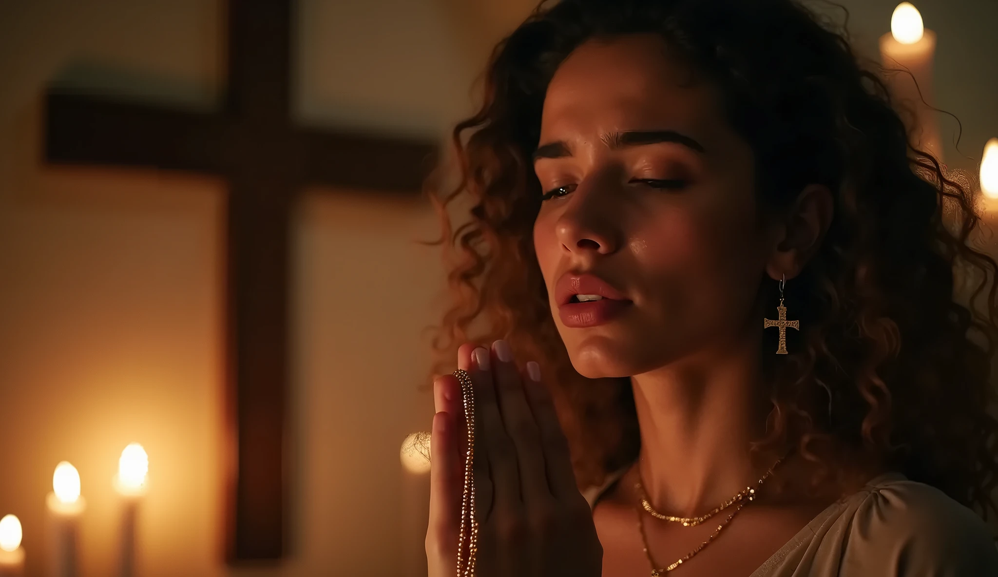 Arafed woman praying in front of a cross with candles - SeaArt AI