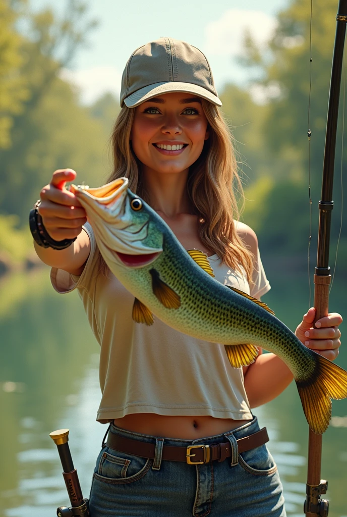 A cute girl in a sexy outfit fishing for black bass - SeaArt AI