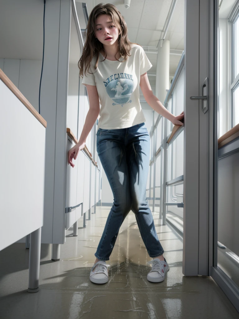 A teenage school girl, pee accident,soaked very light blue jeans ...