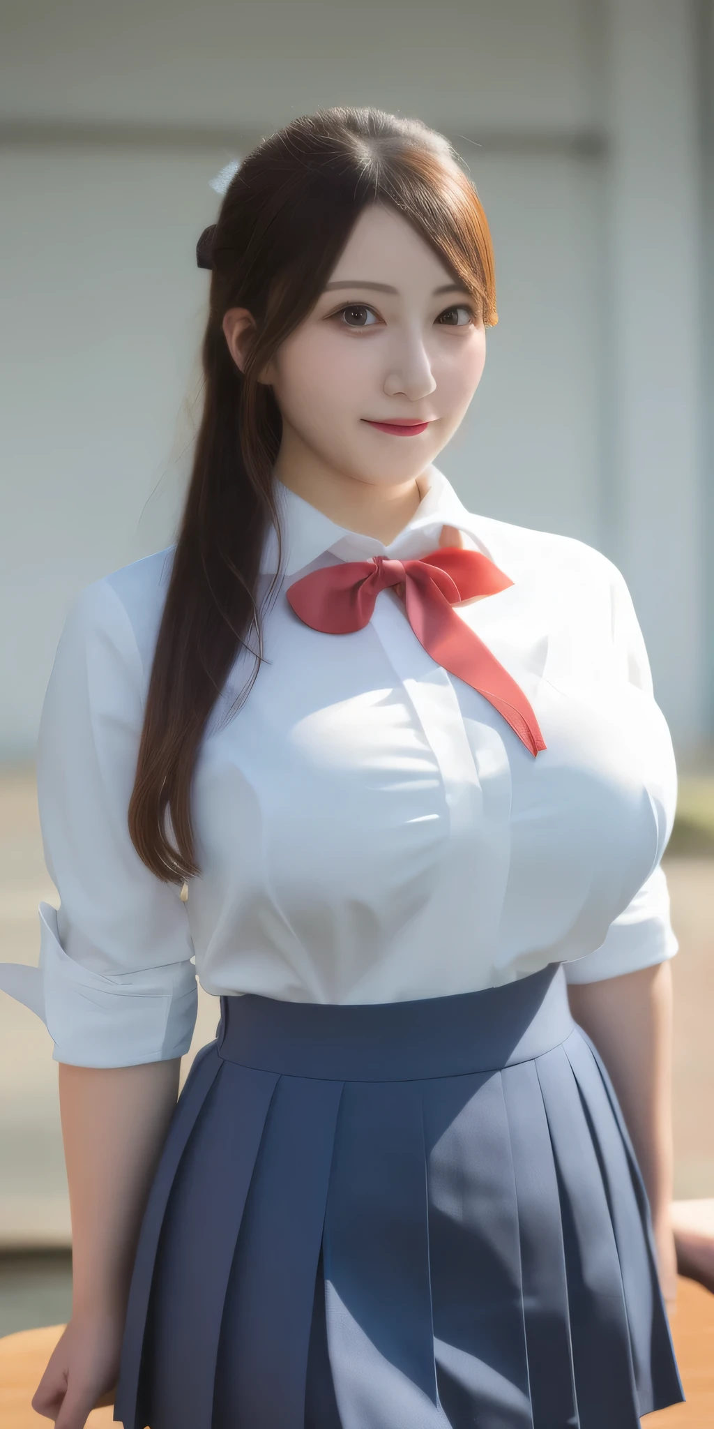 Arafed asian woman in a white shirt and blue skirt posing for a picture - SeaArt AI