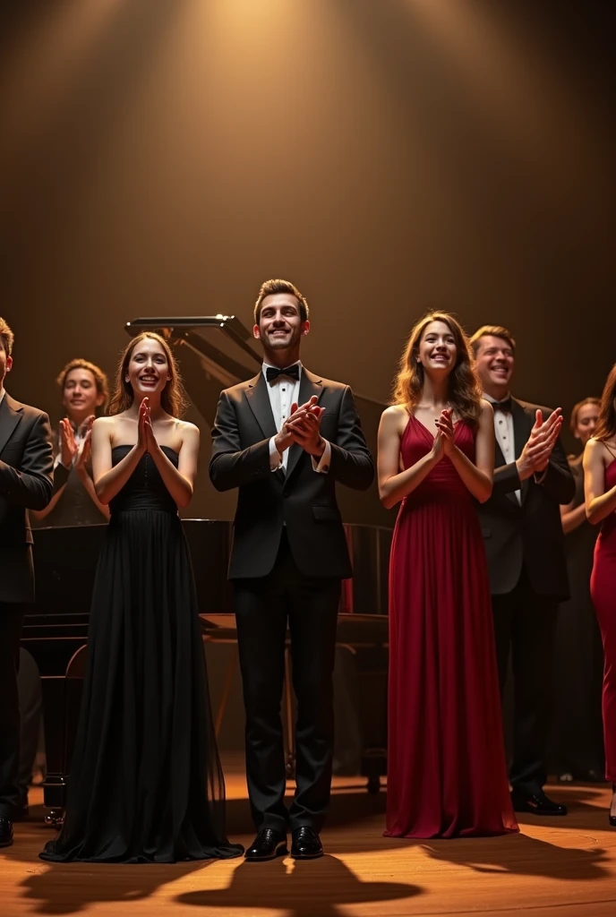 A grand piano performance on stage, several young men and women in ...