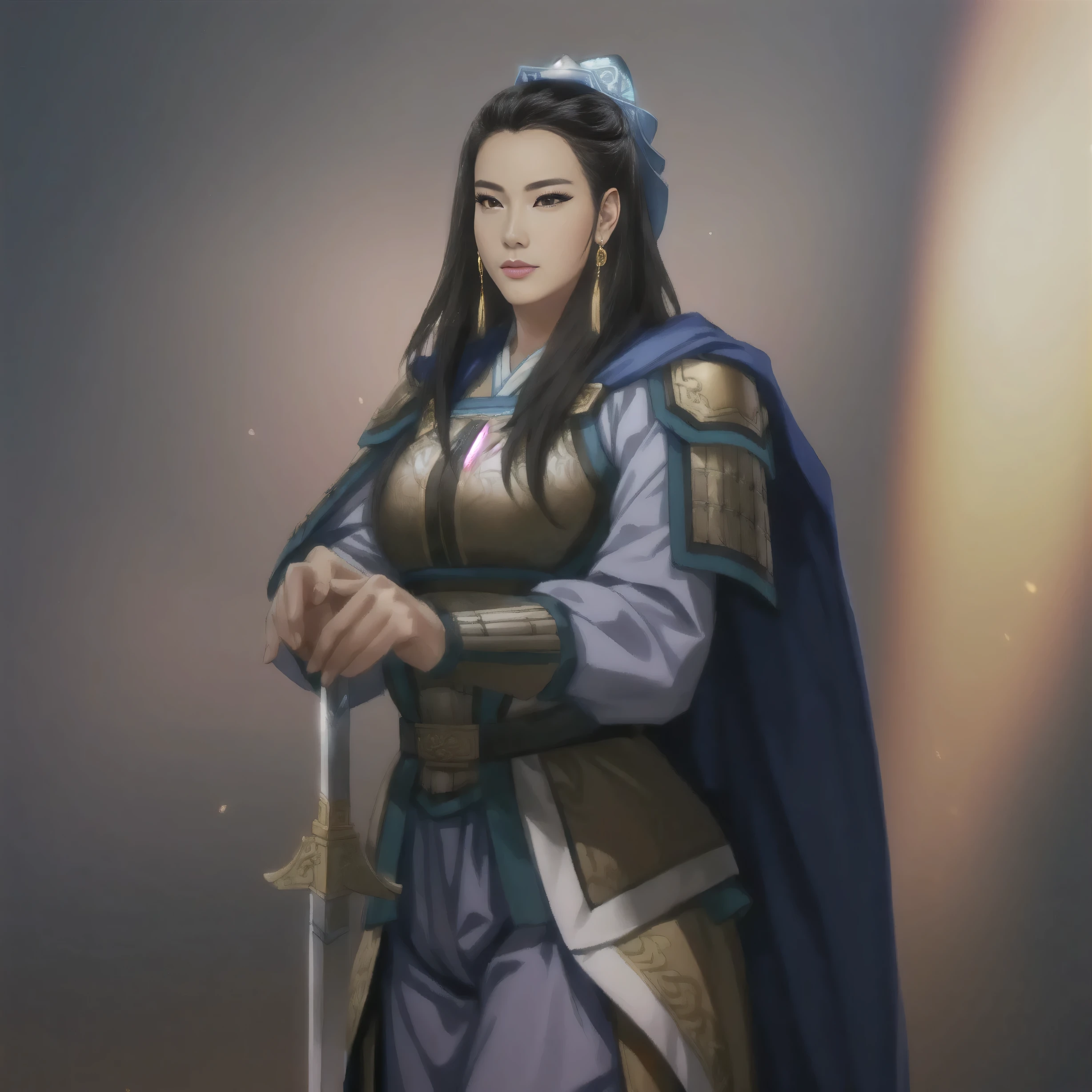 A woman in a blue dress holding a sword and a sword - SeaArt AI
