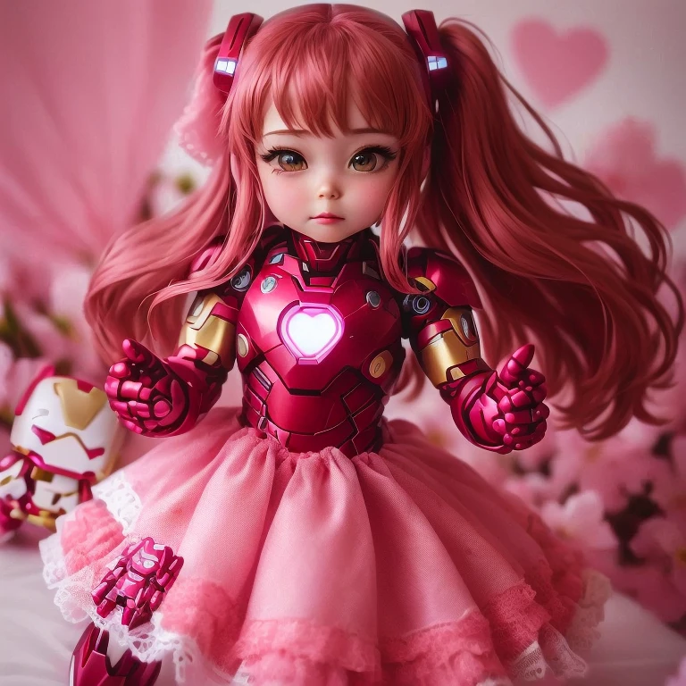There is a little Iron Man doll with a pink dress and a heart - SeaArt AI