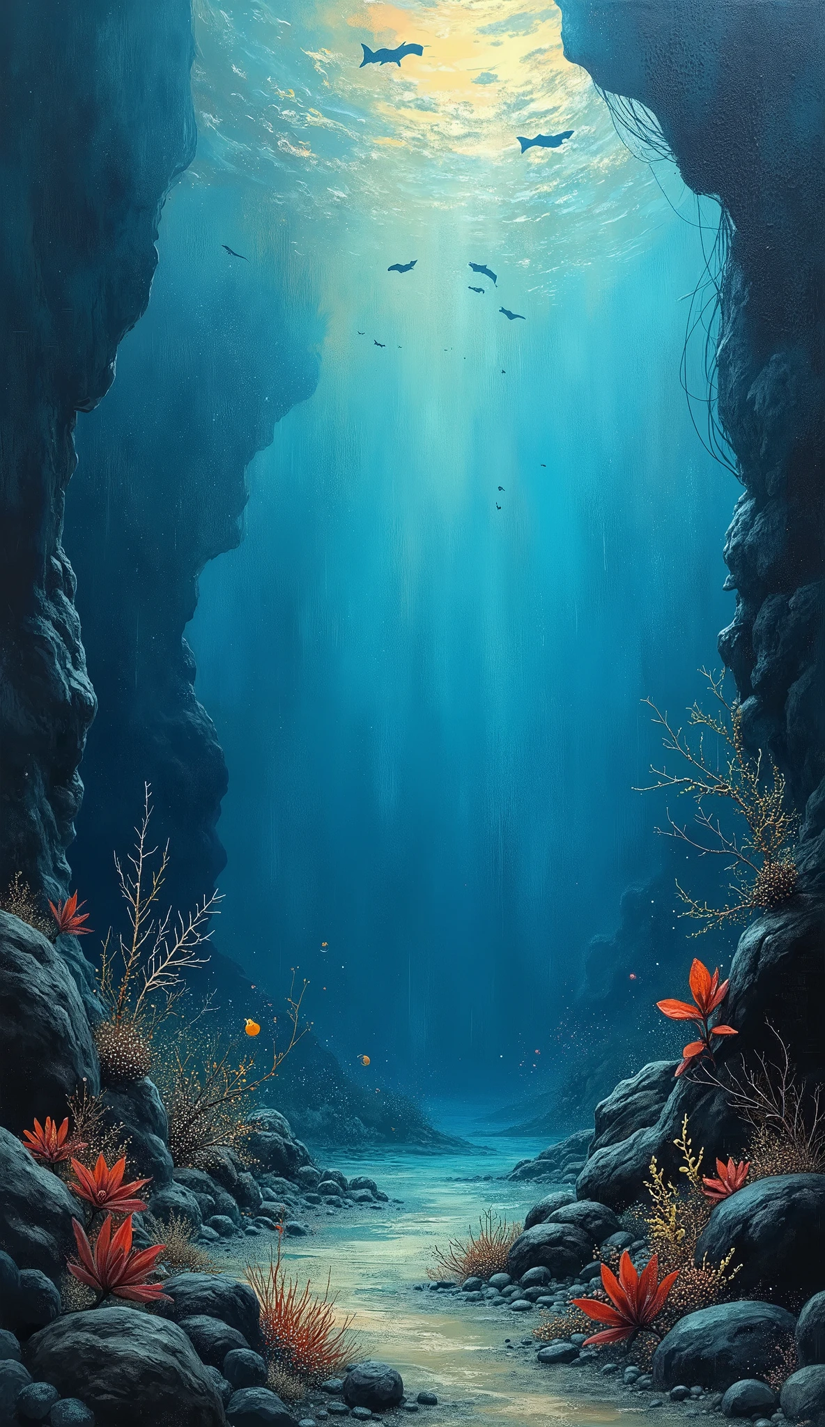 Painting of a cave with a river and fish in it - SeaArt AI