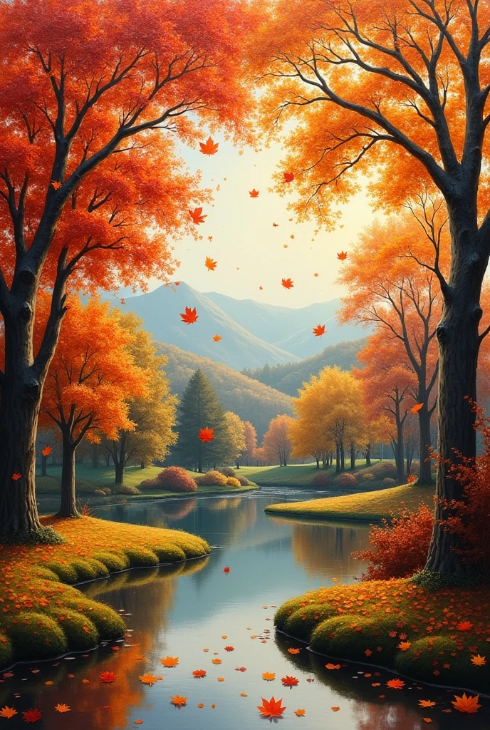 Oil painting, spateltechnik, falling leaves in the autumn garden ...